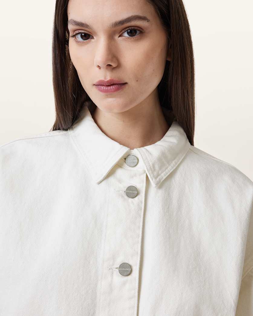 Hettie Frayed Oversized Cotton Shacket Off White | ALLSAINTS
